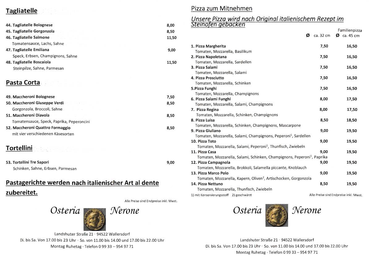 Speisekarte von Pizzeria Osteria Nerone, Wallersdorf