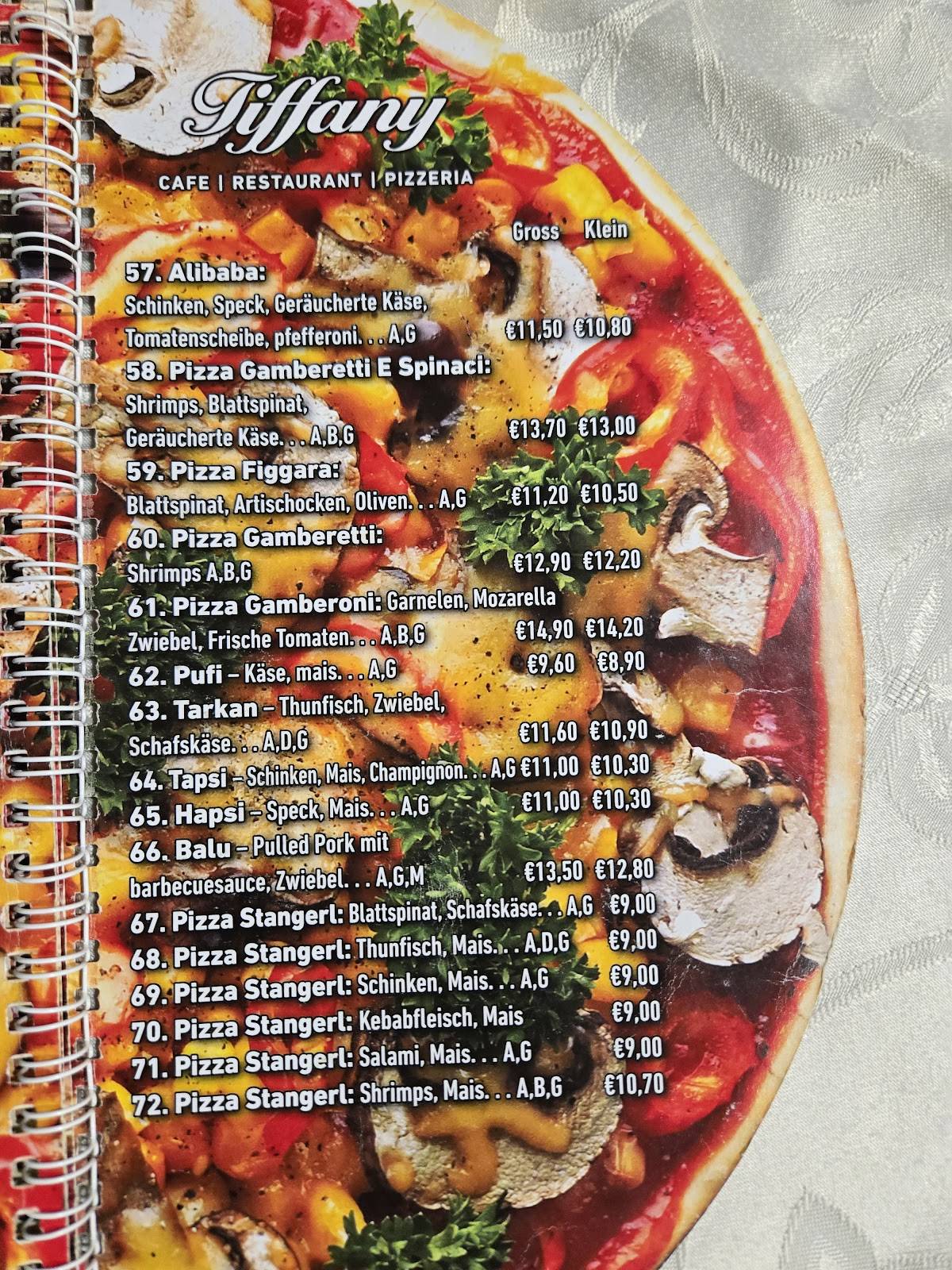 Speisekarte von Pizzeria Tiffany, Rechnitz