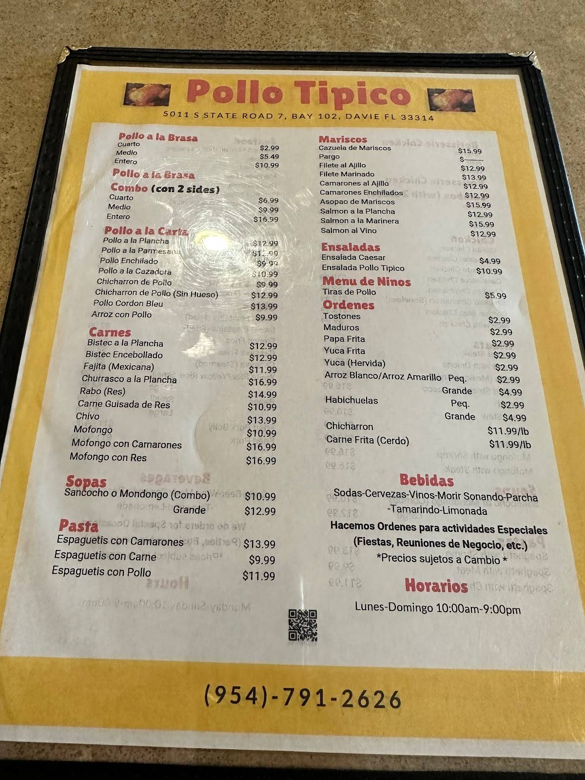 Menu at Pollo Tipico restaurant, Davie, FL-7