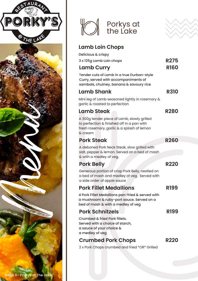 Menu at Porkys at The Lake restaurant, Richards Bay