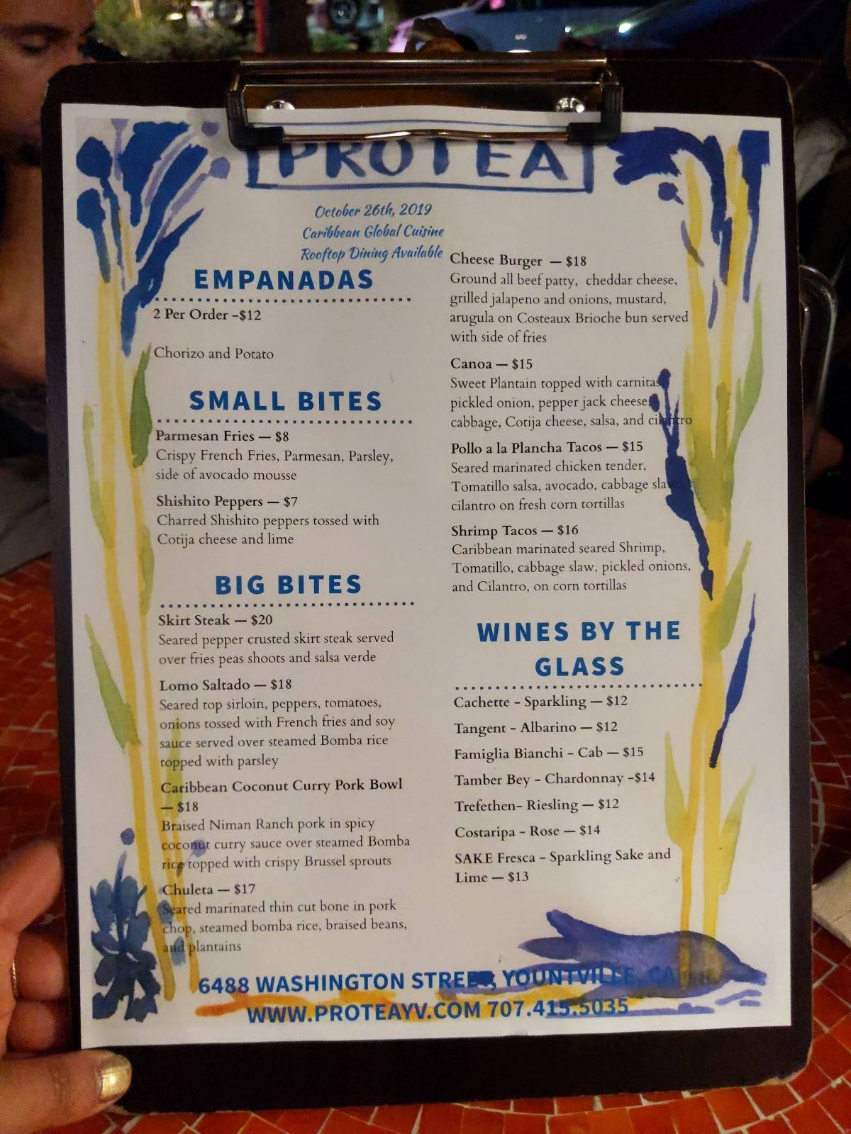 Menu at Protéa restaurant, Yountville