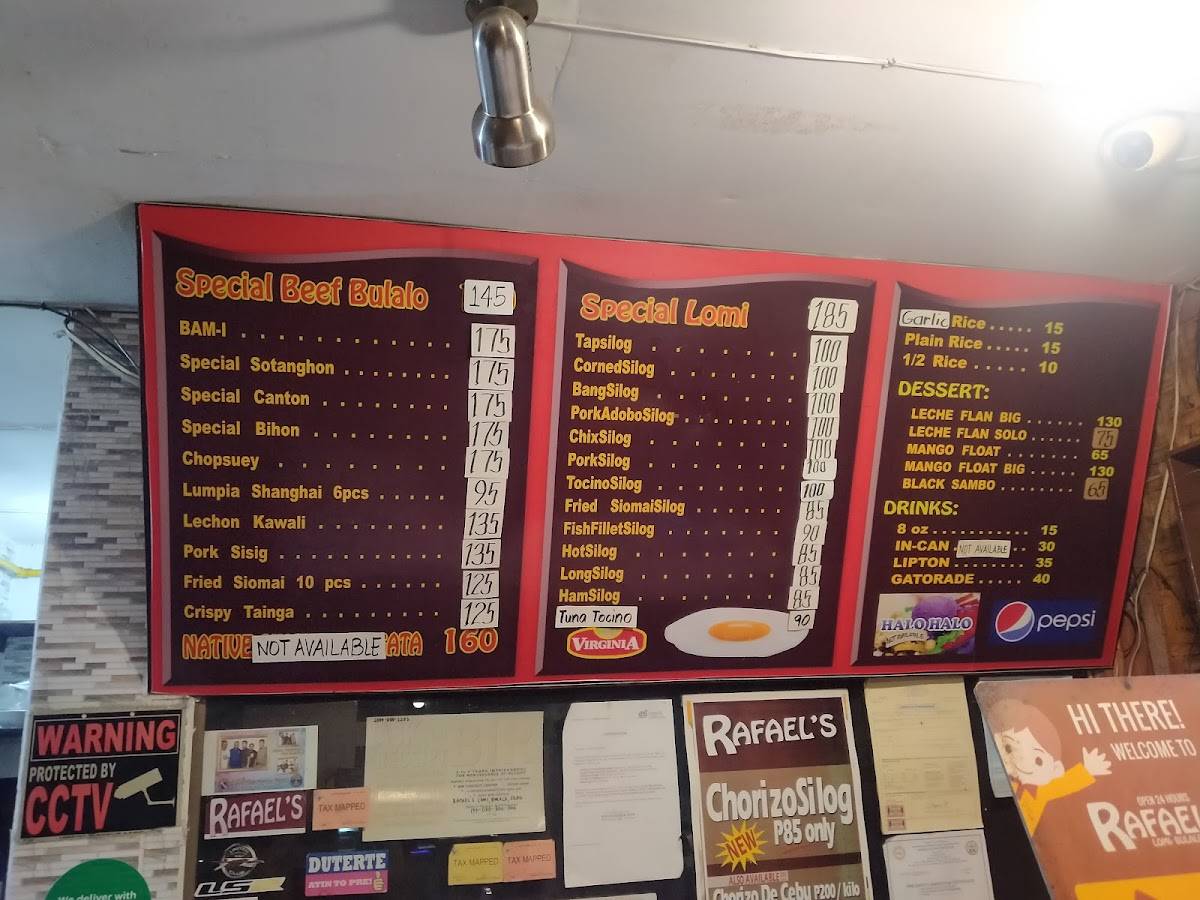 Menu at RAFAEL'S restaurant, Tacloban City, 62Q3+MQG