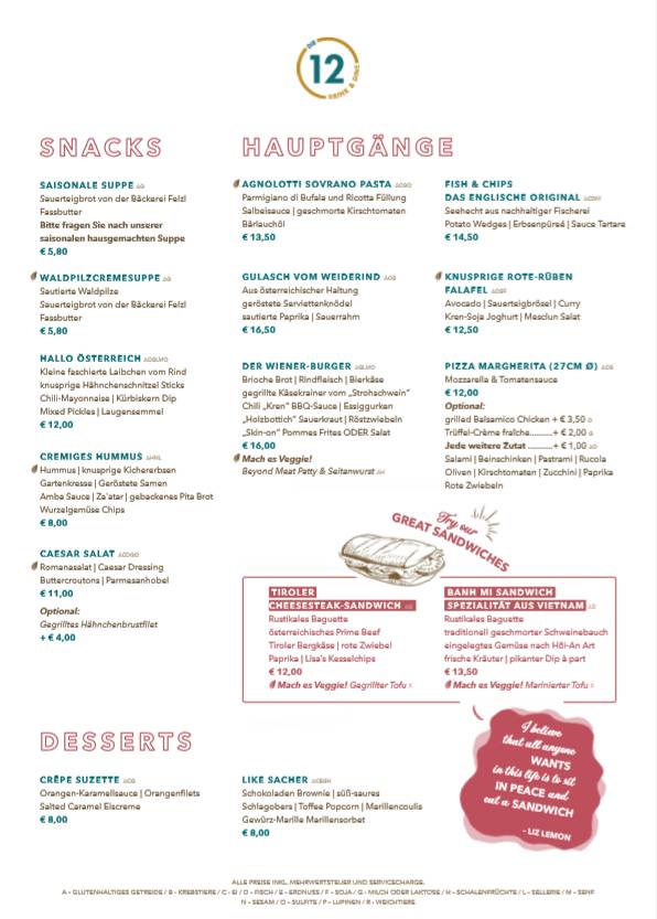 Menu at Radisson Blu Style Hotel, Vienna restaurant, Vienna