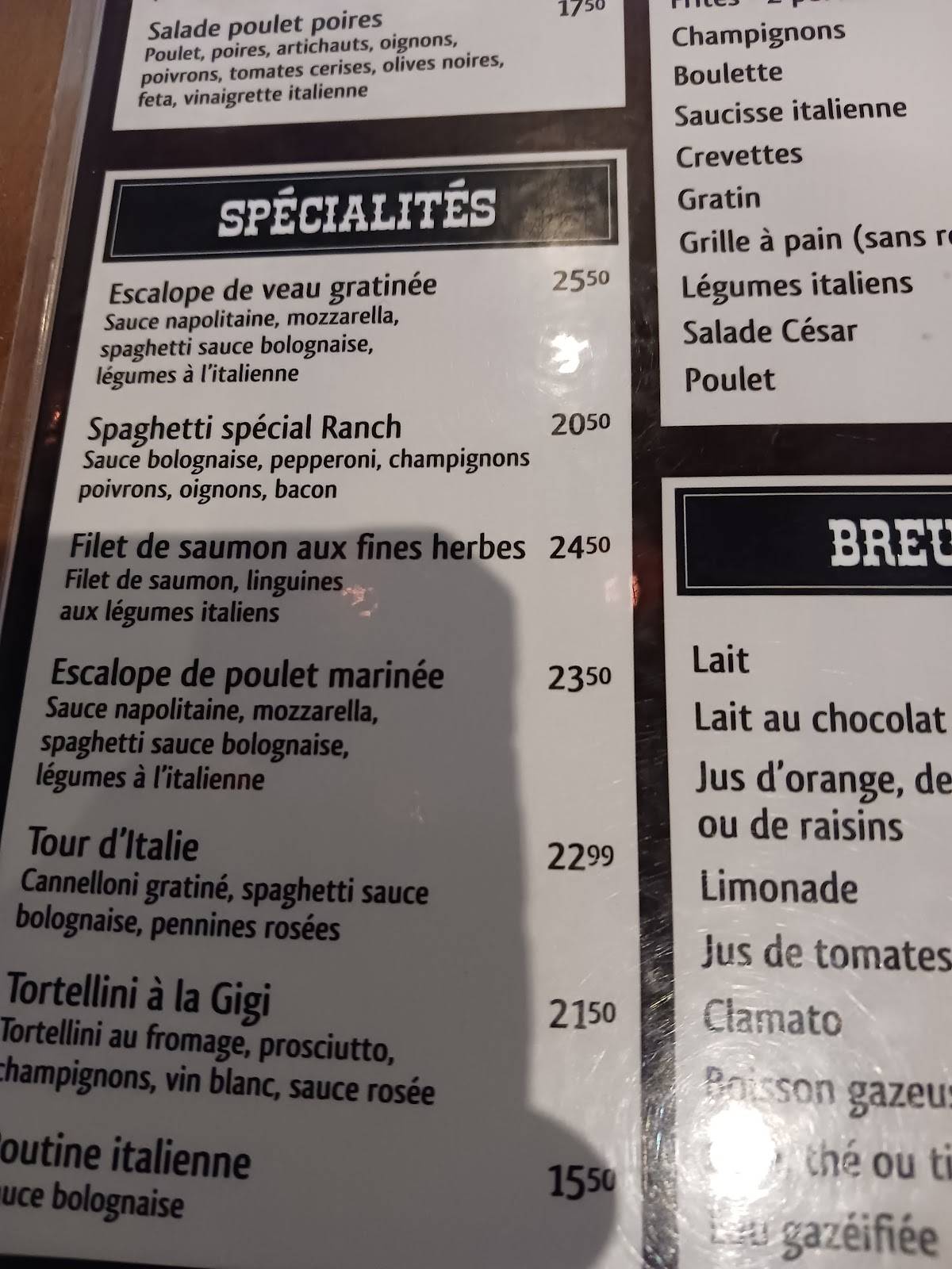 Menu au Ranch Spaghetti Sherbrooke (Le) restaurant, Sherbrooke