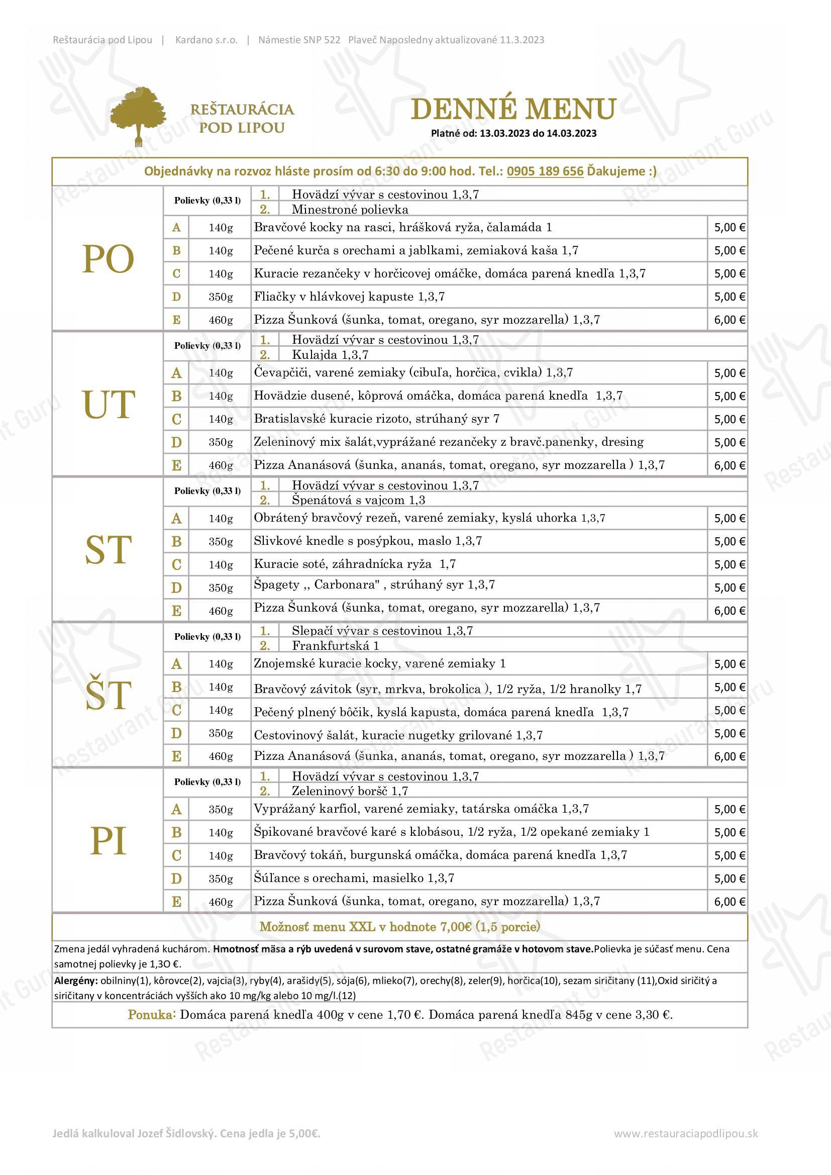 Menu at Reštaurácia pod Lipou restaurant, Plaveč