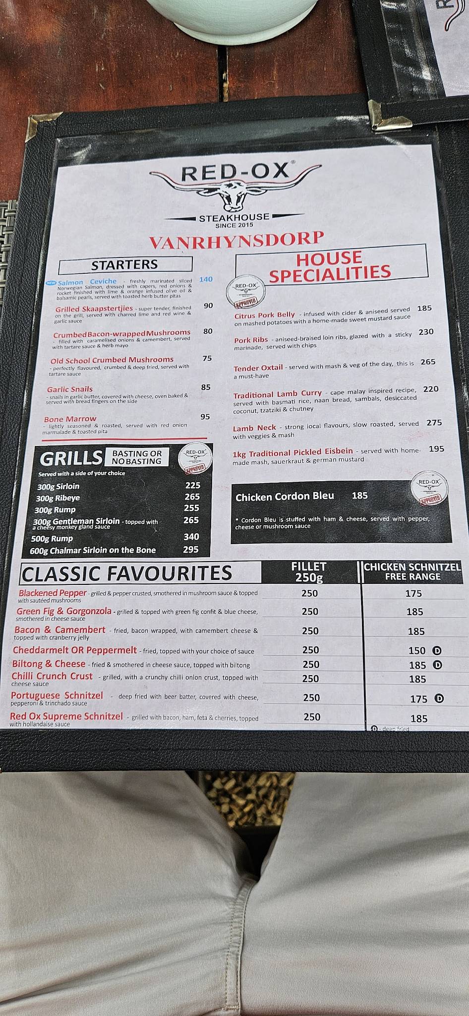 Menu at Red Ox Steakhouse Vanrhynsdorp, Vanrhynsdorp