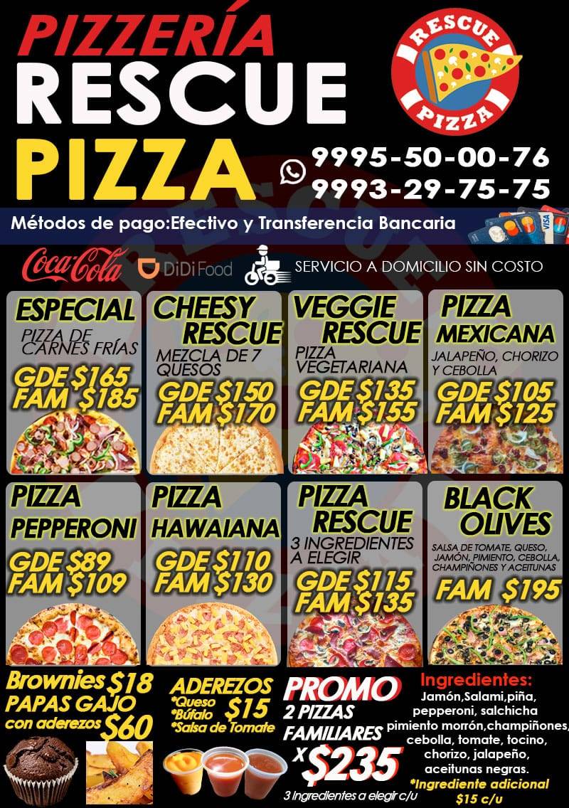 Menu at Rescue Pizza restaurant, Merida
