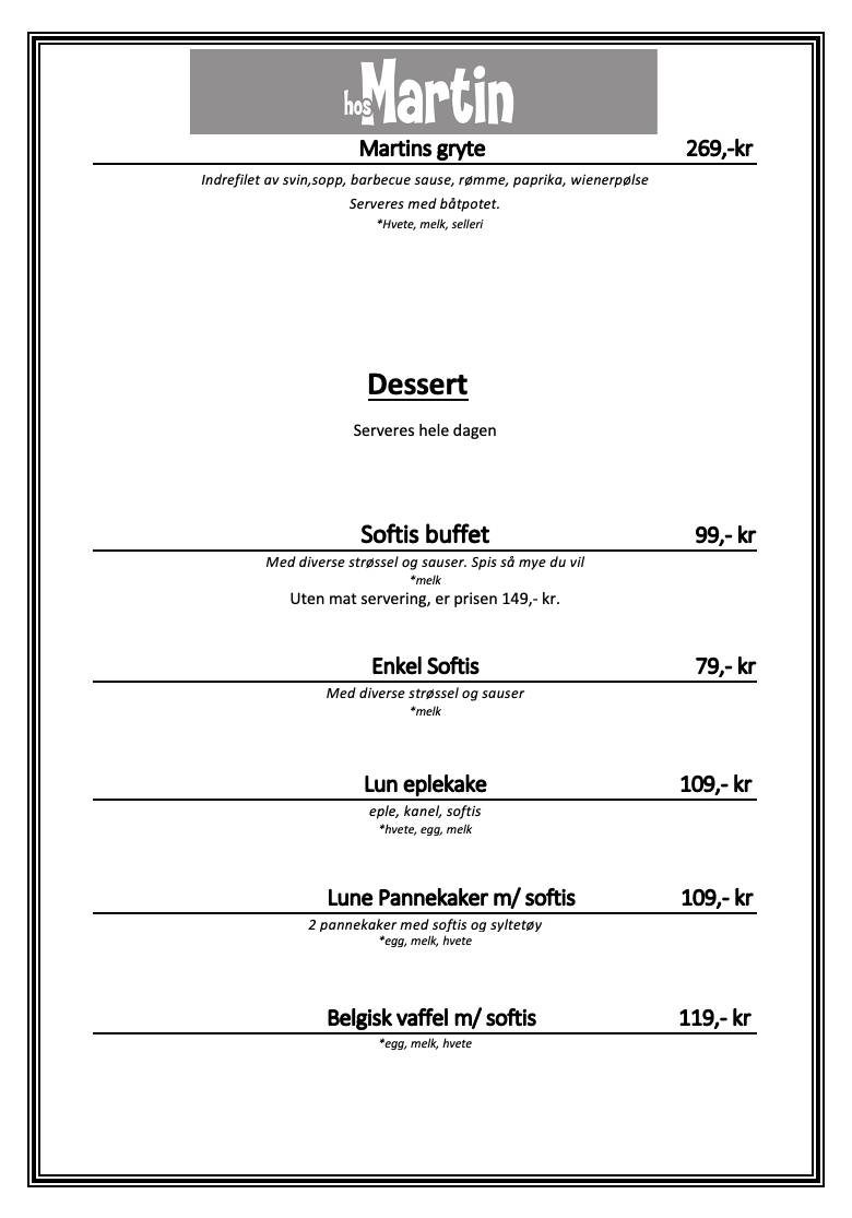 Menu at Restaurant Hos Martin, Fredrikstad