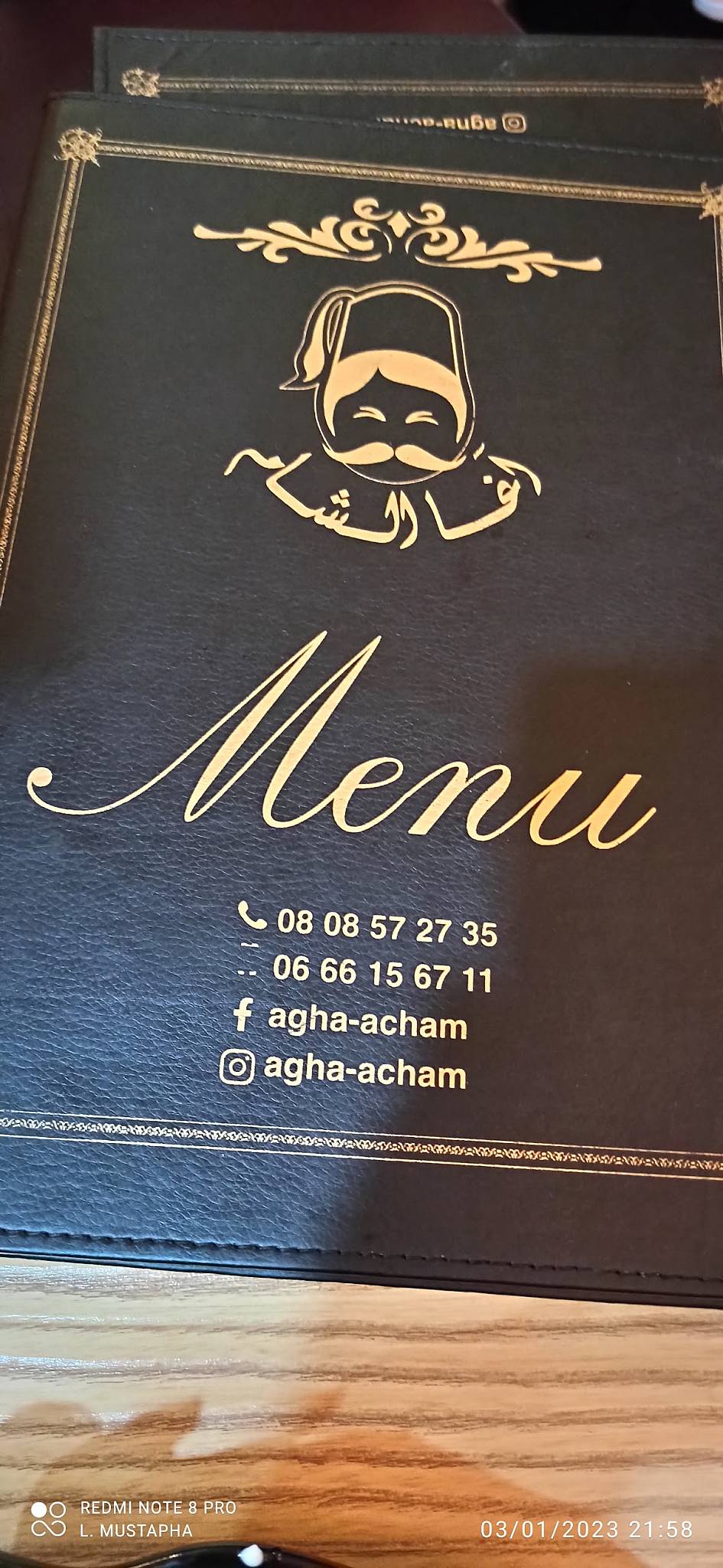 Menu au Agha Acham restaurant, Temara