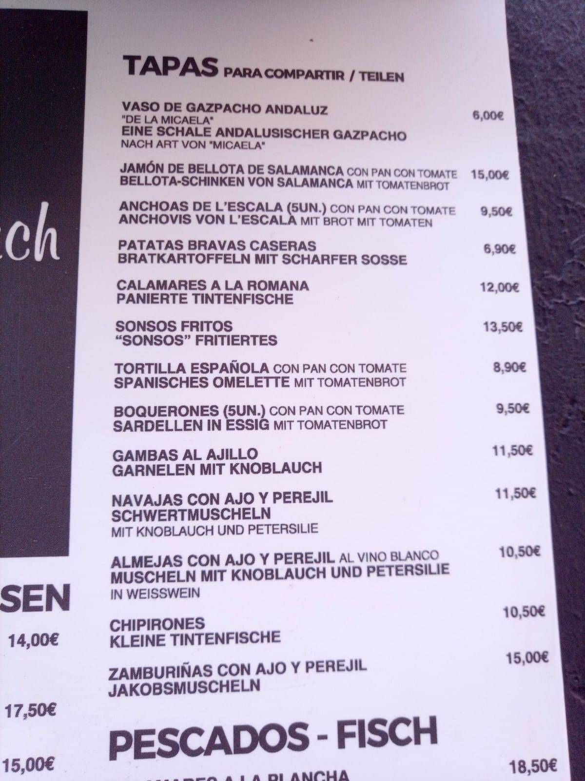 Carta del restaurante Escala Park, La Escala