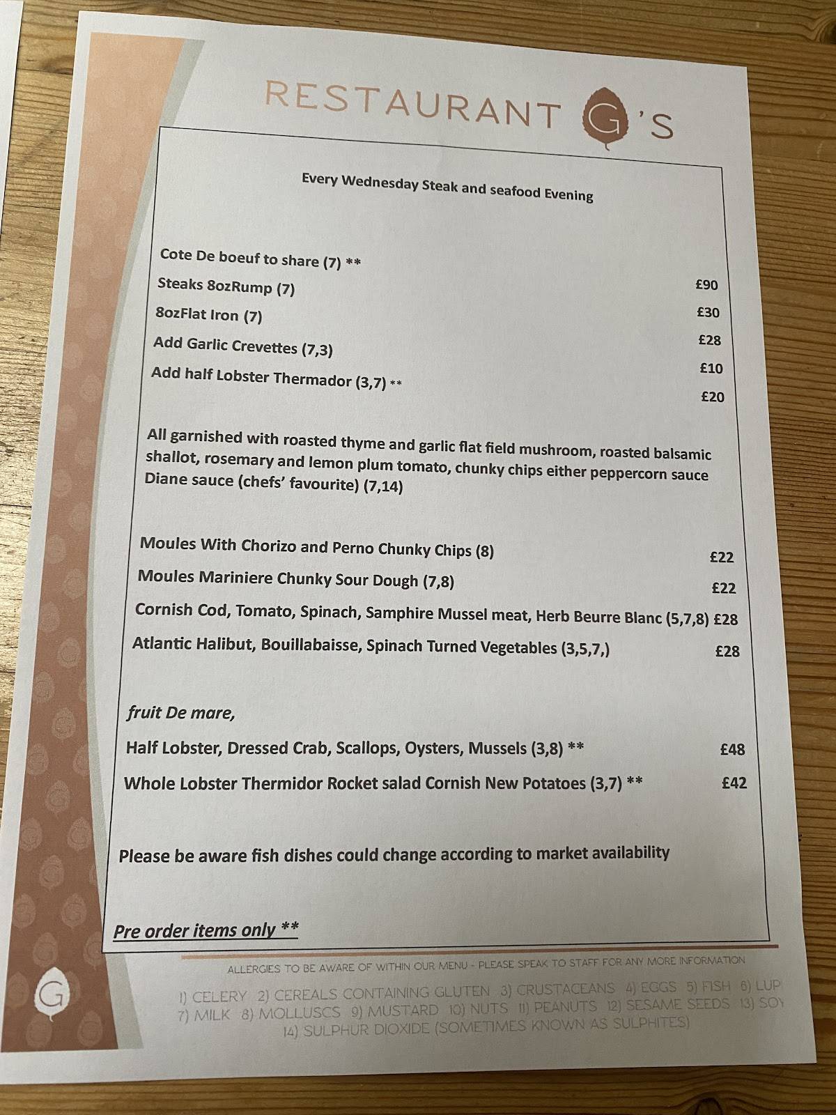 Menu at Restaurant G’s, Launceston