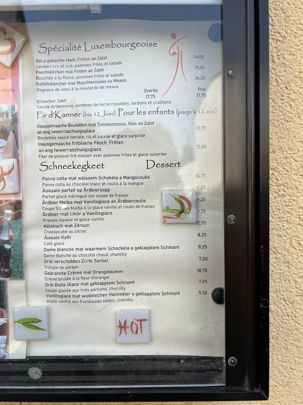 Menu au De Brailäffel restaurant, Steinfort