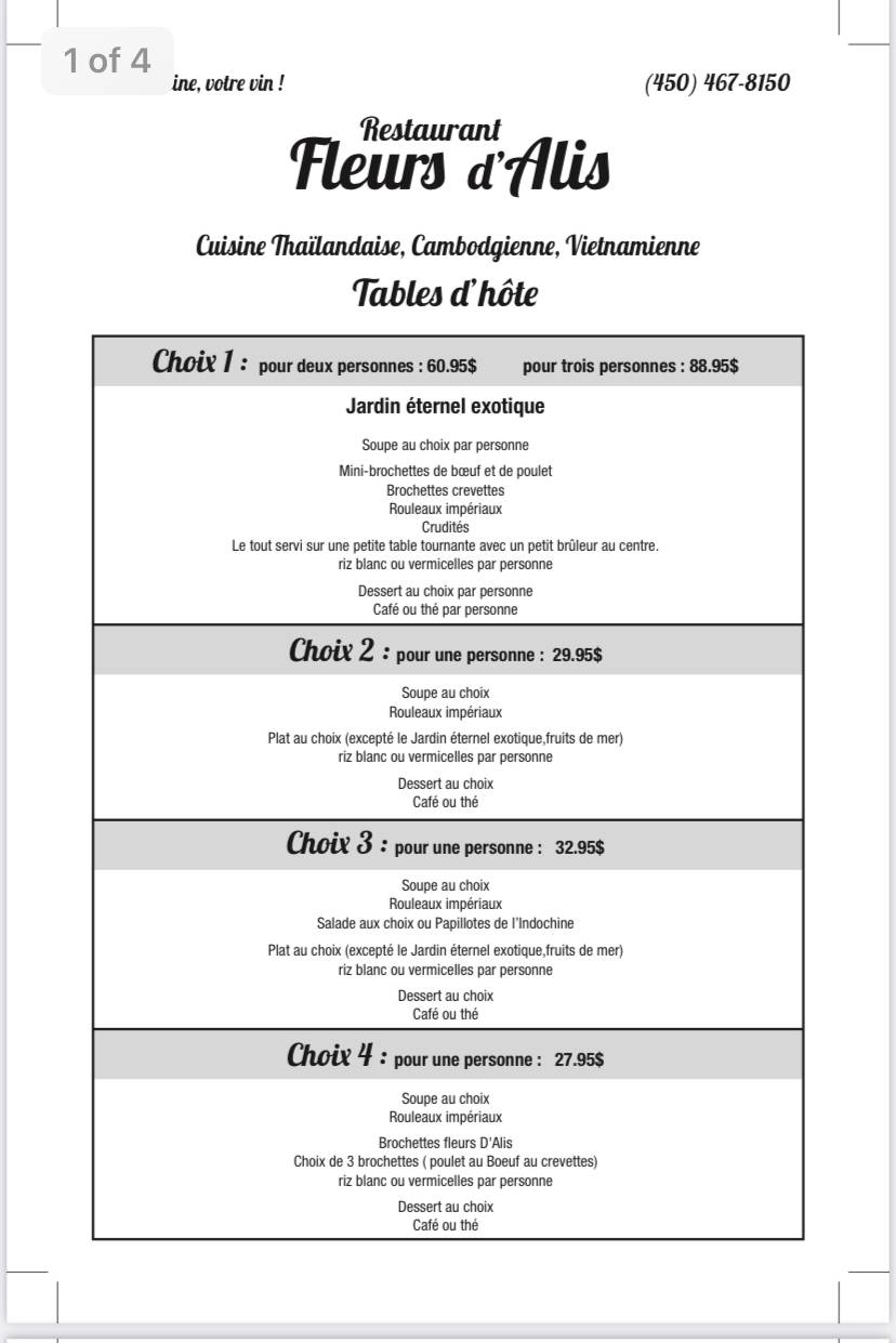 Menu au Restaurant Fleurs D'Alis, Mont-Saint-Hilaire, 876 Bd Sir ...