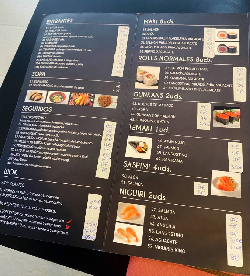 Carta de Restaurante Azuma, Inca