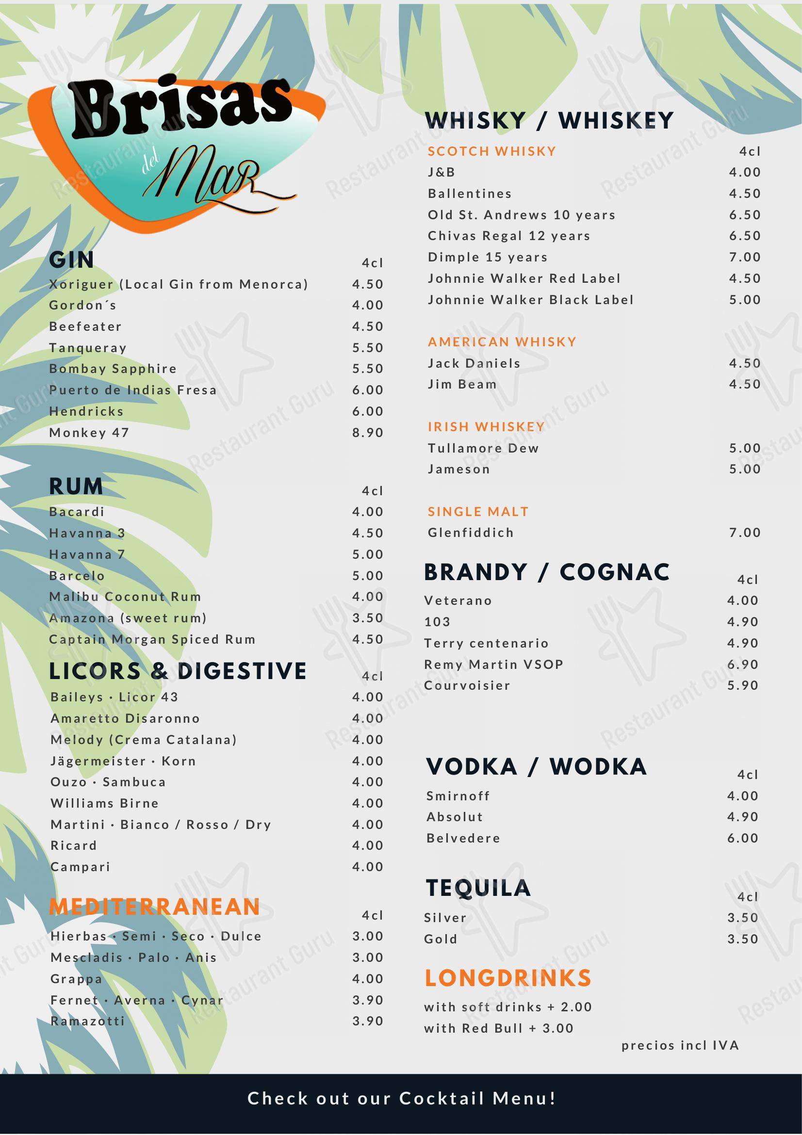 Menu at Restaurante Brisas del Mar, Cala Ratjada