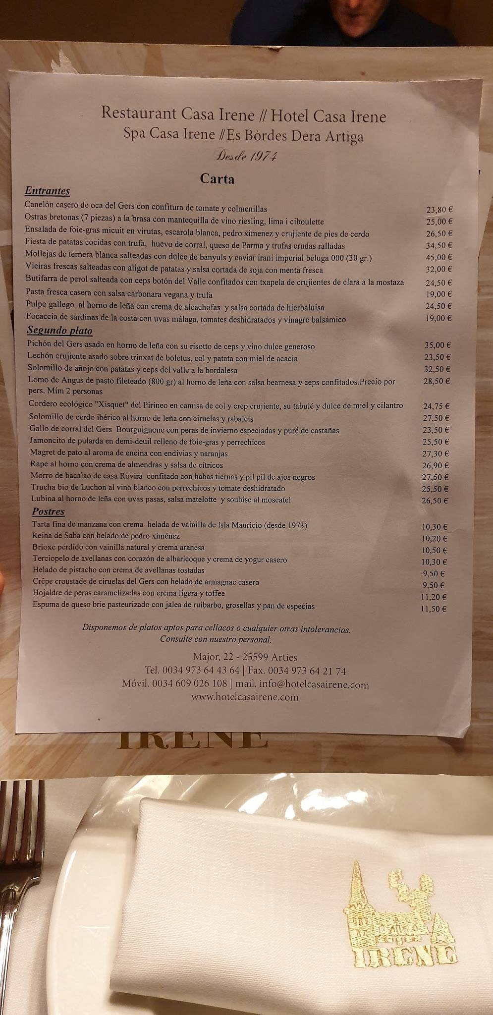 Carta de Restaurante Casa Irene, Arties