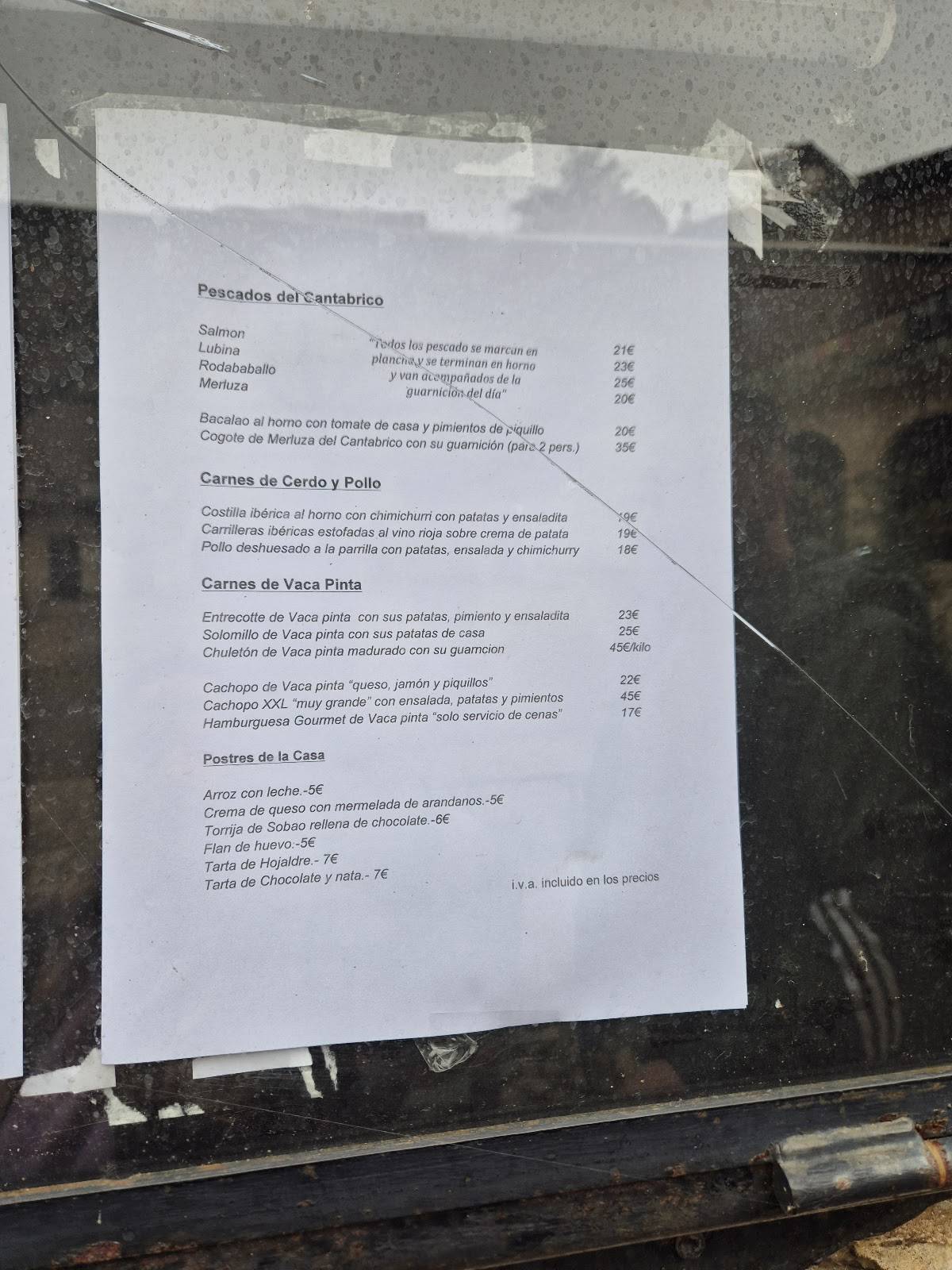 Carta de Restaurante El Castillo, Santillana del Mar