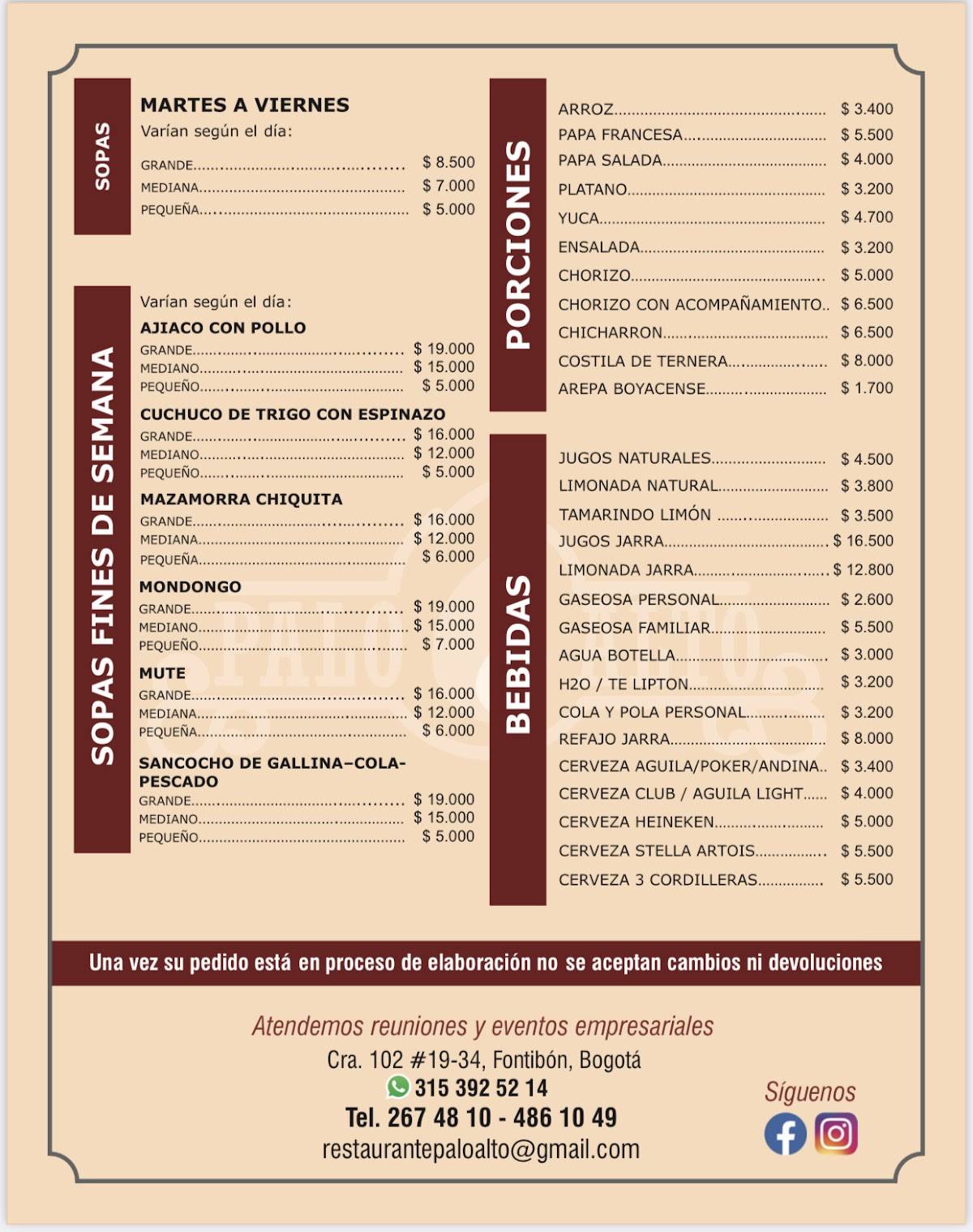 Carta de restaurante palo alto, Bogotá