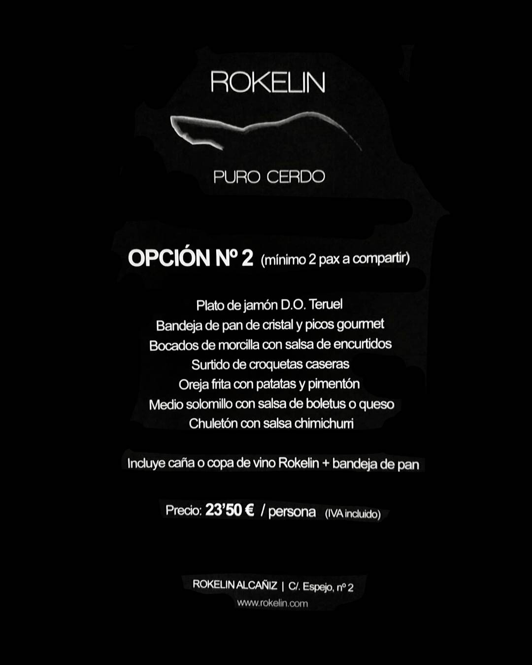 Carta de Restaurante Rokelin Puro Cerdo Alcañiz, Alcañiz