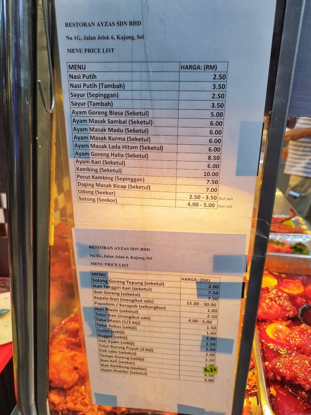 Menu at Restoran Ayza's restaurant, Kajang, Jln Jelok 6