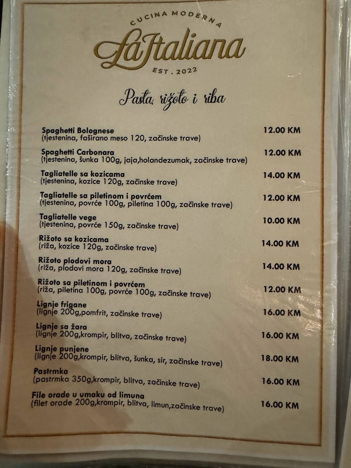 Menu at Restoran La Italiana restaurant, Bosanska Krupa