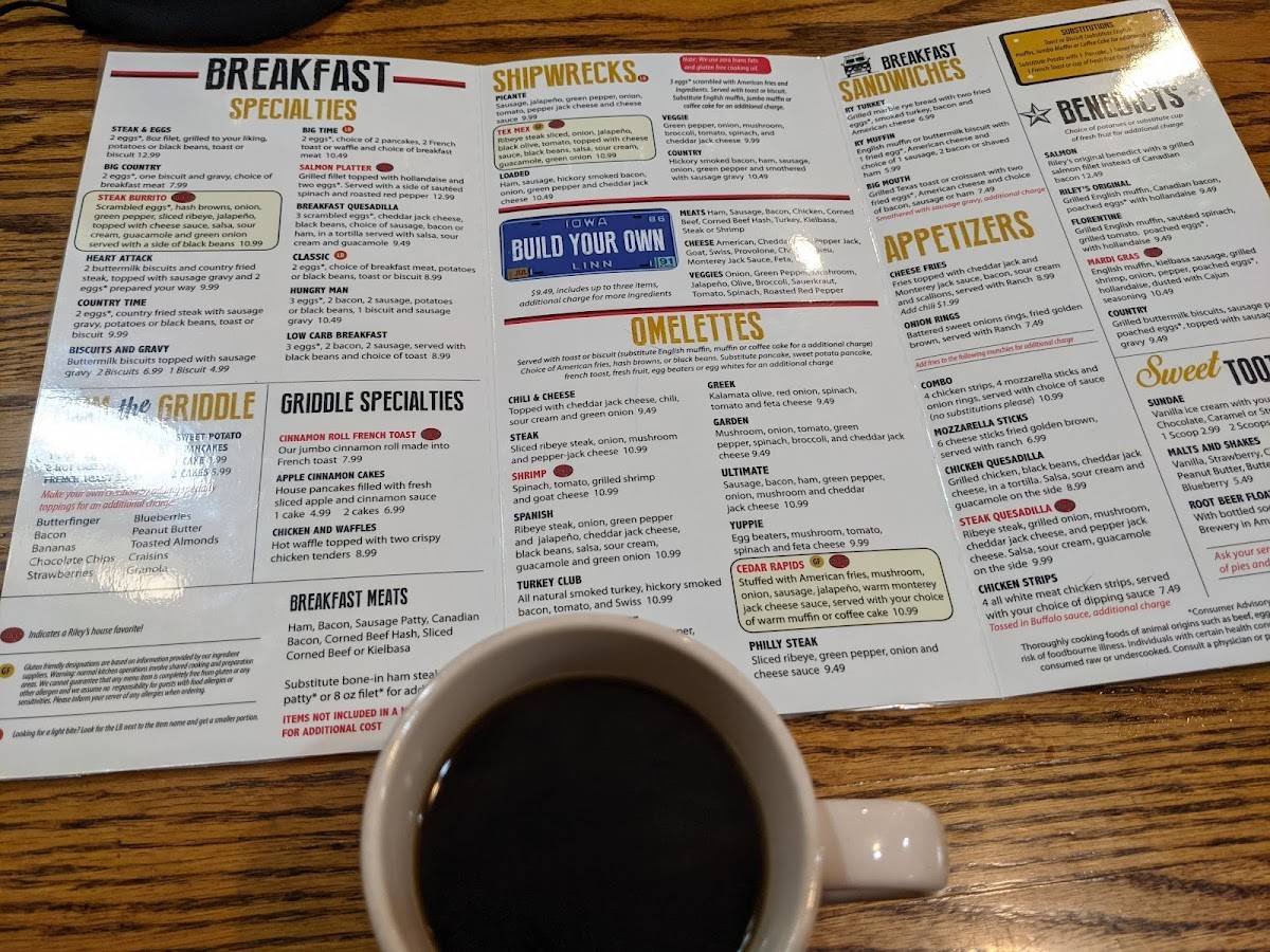Menu at Riley's Cafe, Cedar Rapids, 836 1st Ave NE
