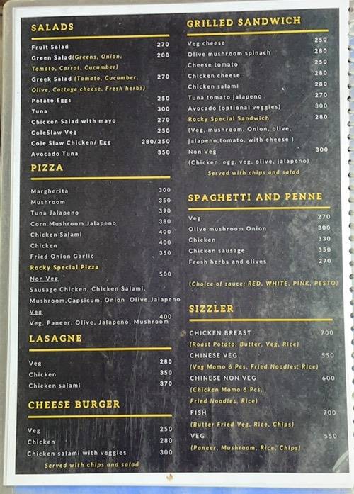 Menu at Rocky's Cafe, Manali