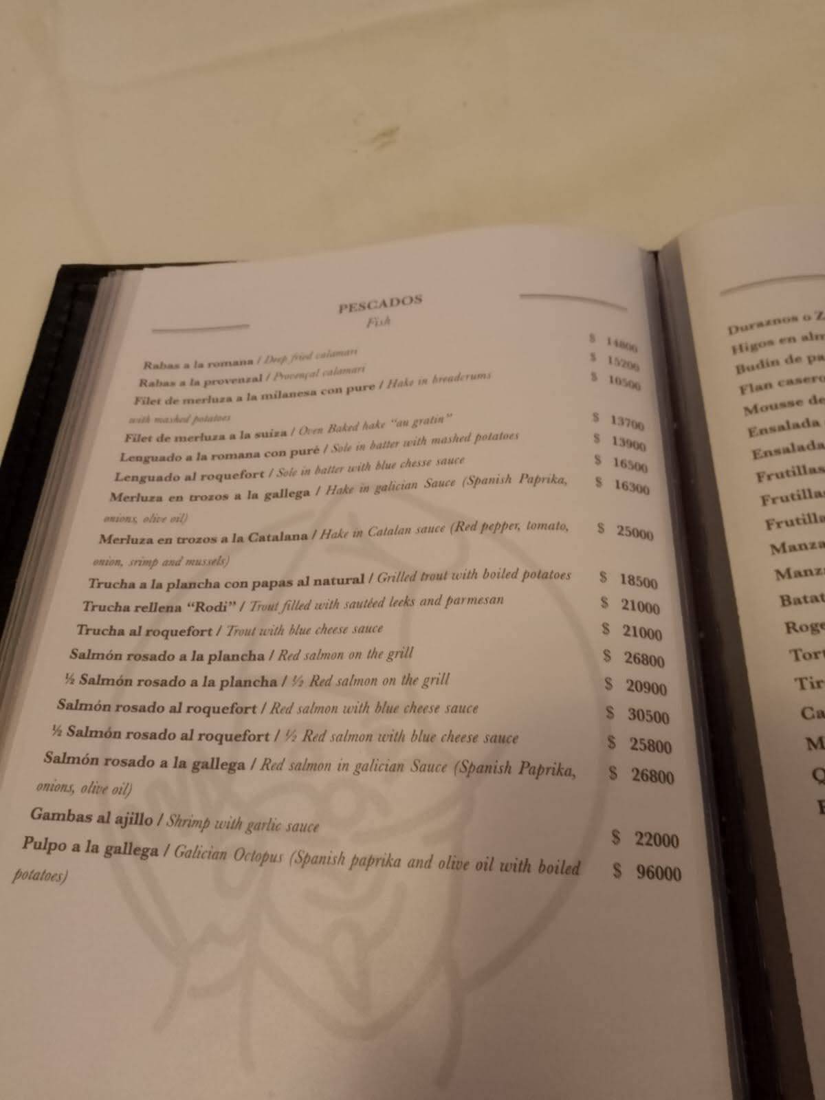 Menu at Rodi Bar, Buenos Aires