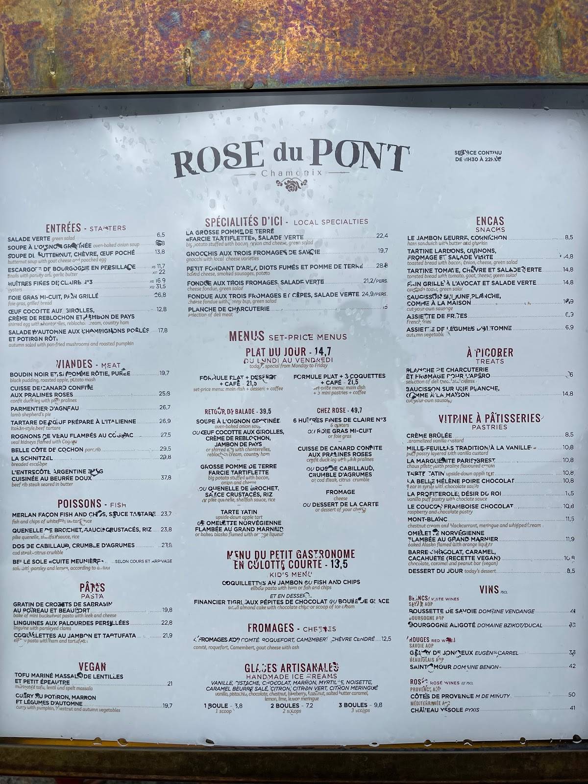 Menu au Rose Du Pont restaurant, Chamonix-Mont-Blanc