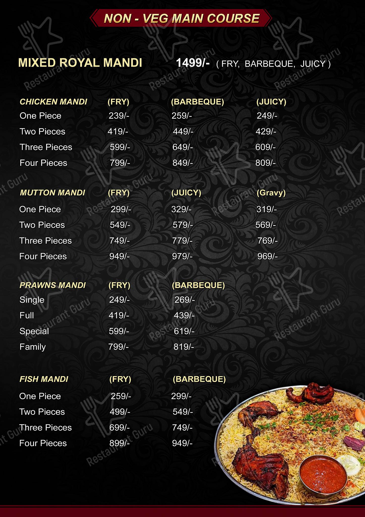 Menu at Royal Mandi House, Malikipuram