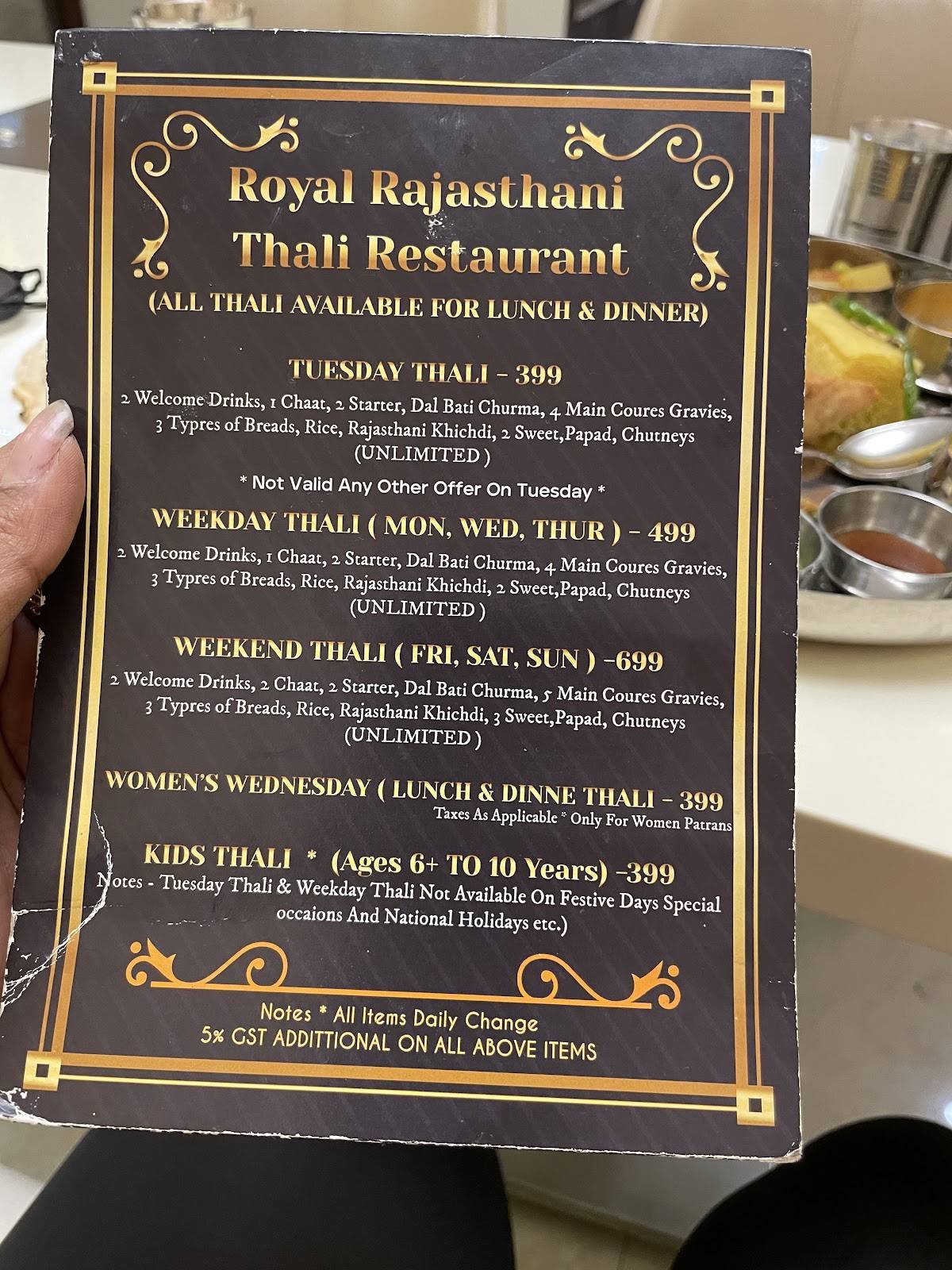 Menu at Royal rajasthani thali restaurant, Bengaluru