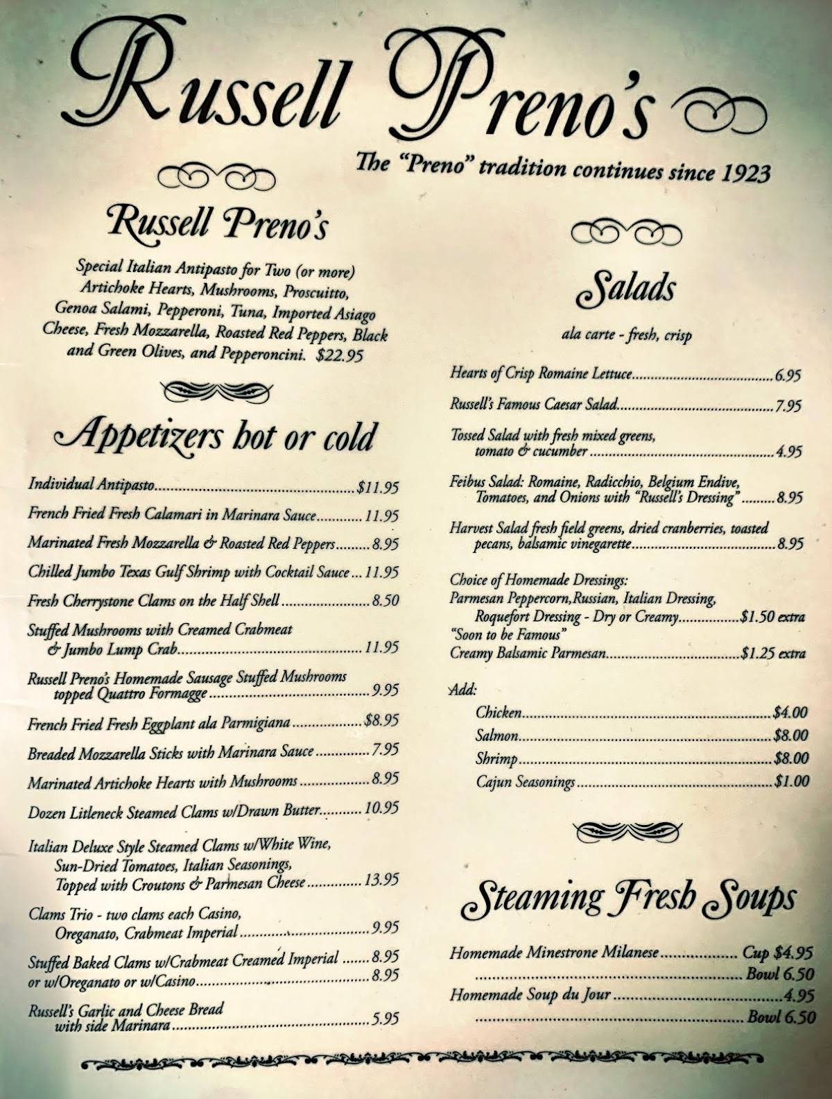 Menu at Russell Preno’s Restaurant, Scranton
