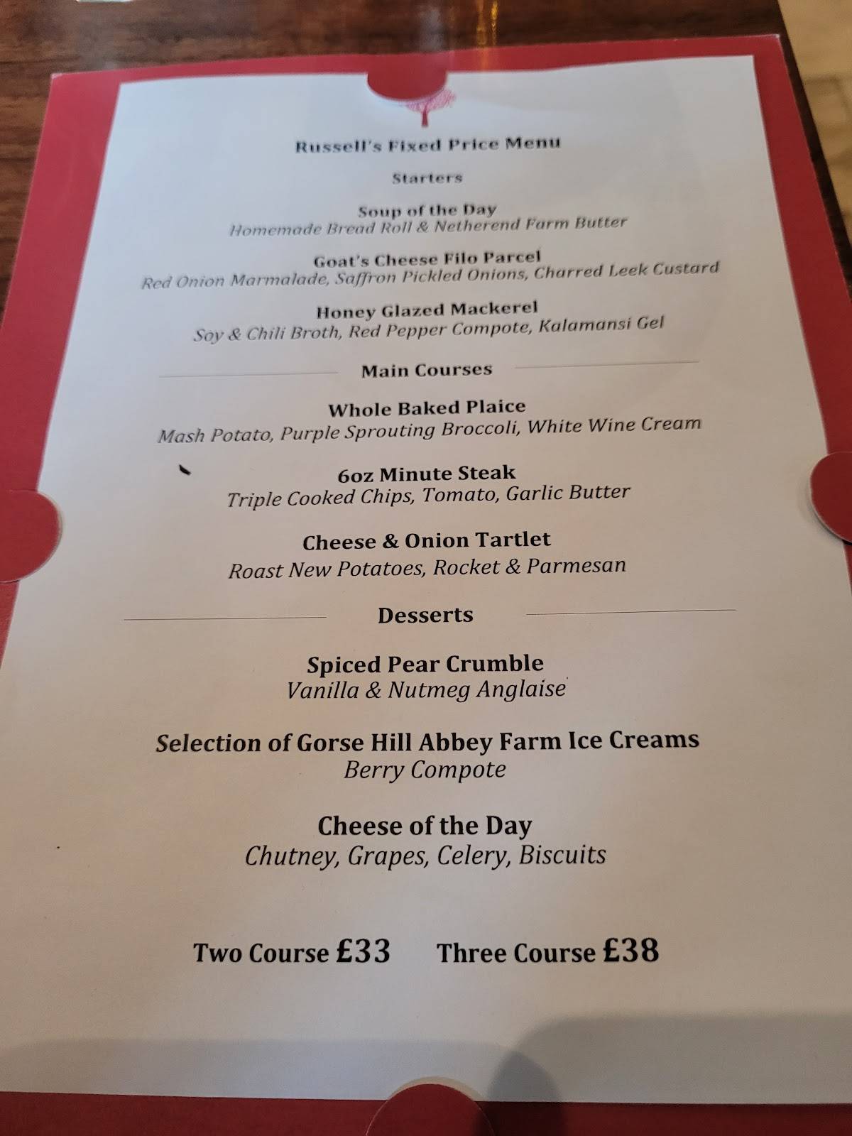Menu at Russell’s of Broadway restaurant, Broadway