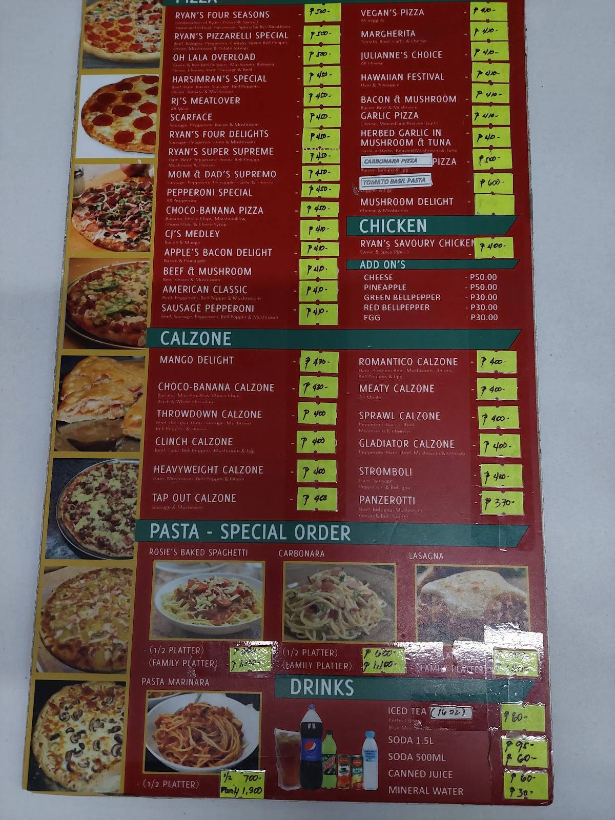 Menu at Ryan's Pizzarelli House restaurant, Cebu City, F-1