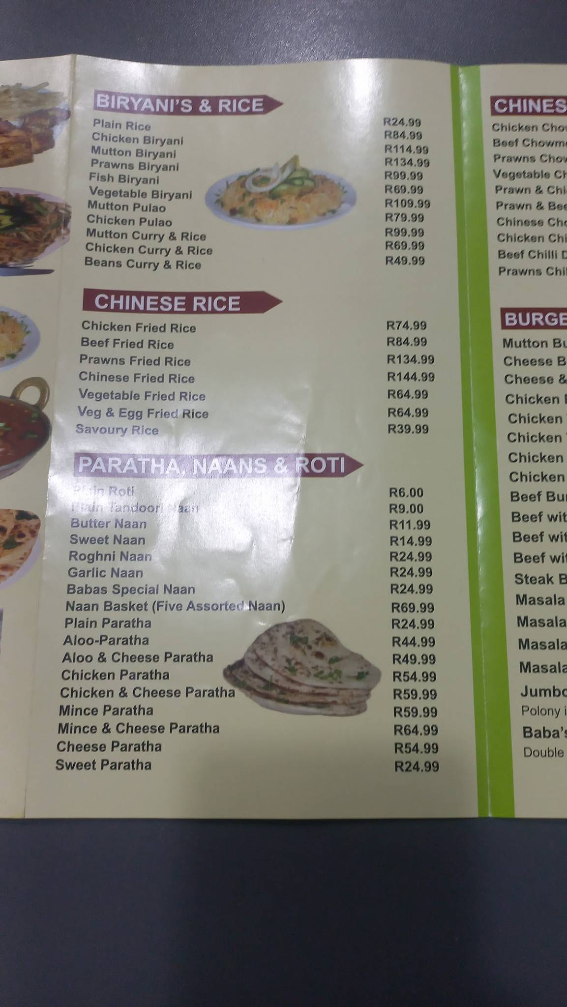 Menu at S.A BABA'S FAMILY RESTAURANT AND TAKE AWAY (China mall), Durban