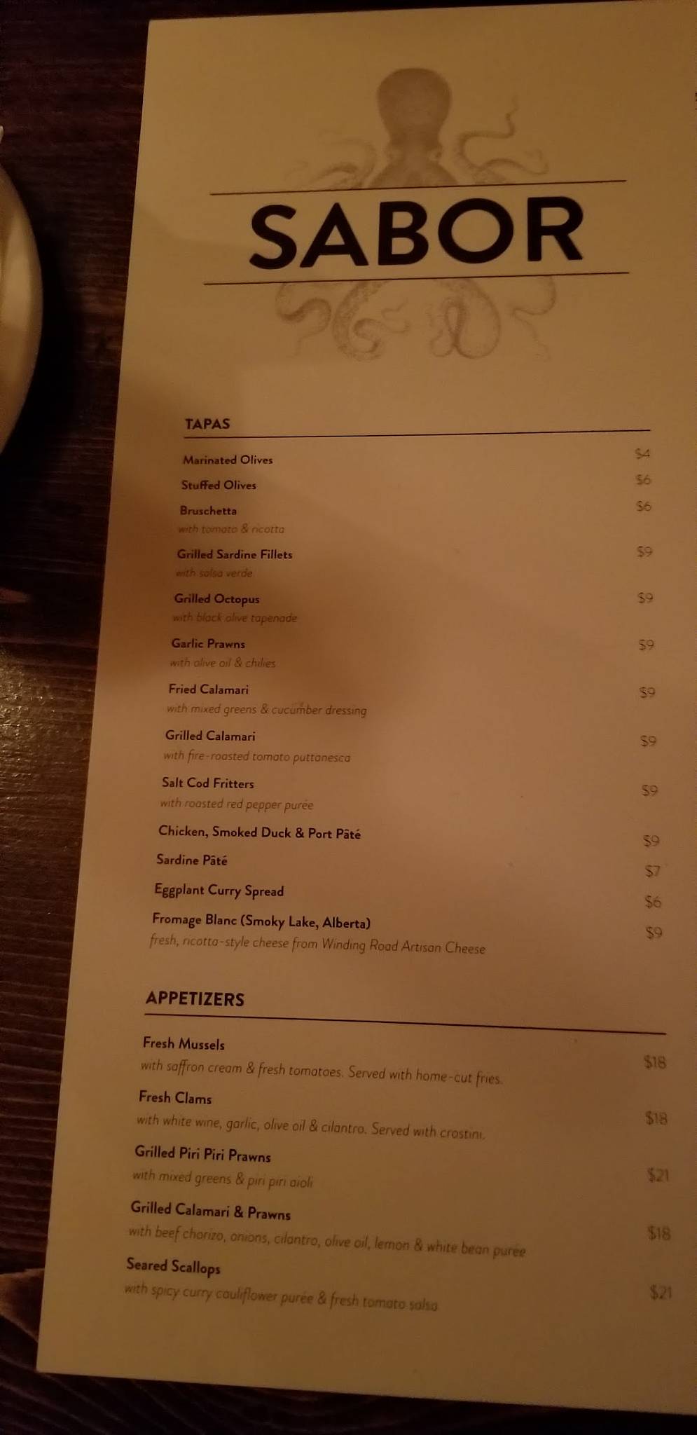 Menu at Sabor Restaurant, Edmonton