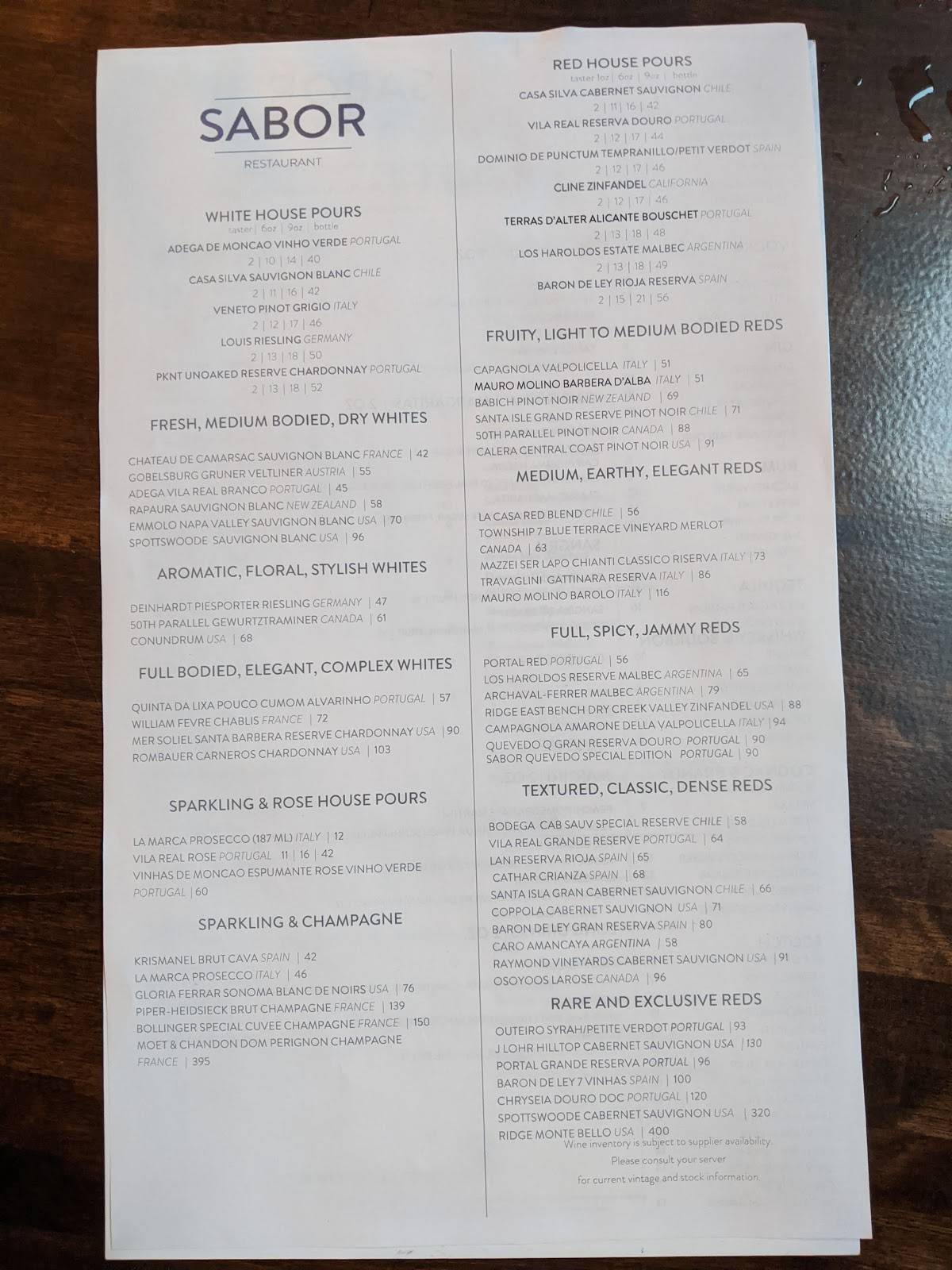 Menu at Sabor Restaurant, Edmonton