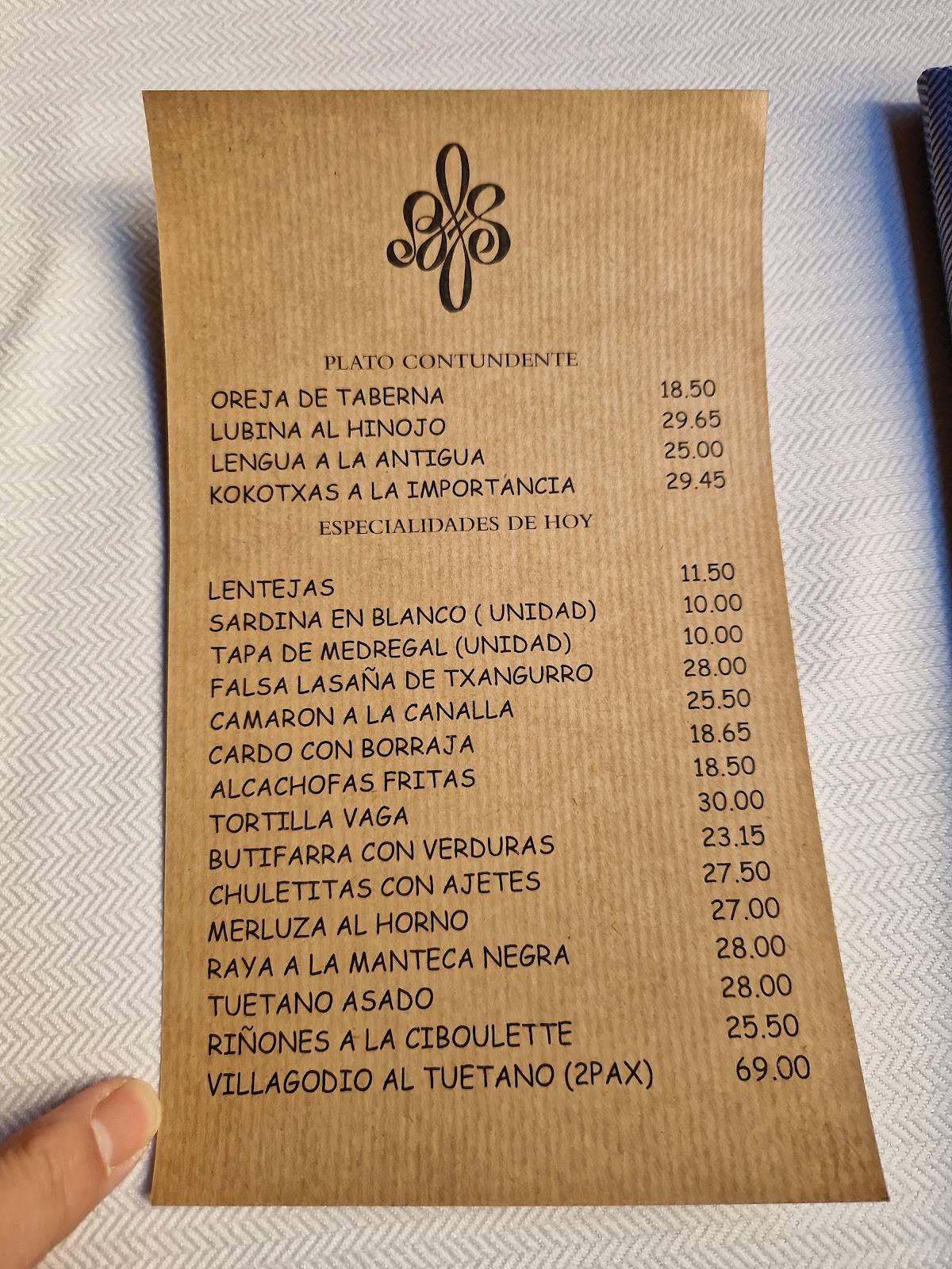 Menu at Sacha Restaurant, Madrid