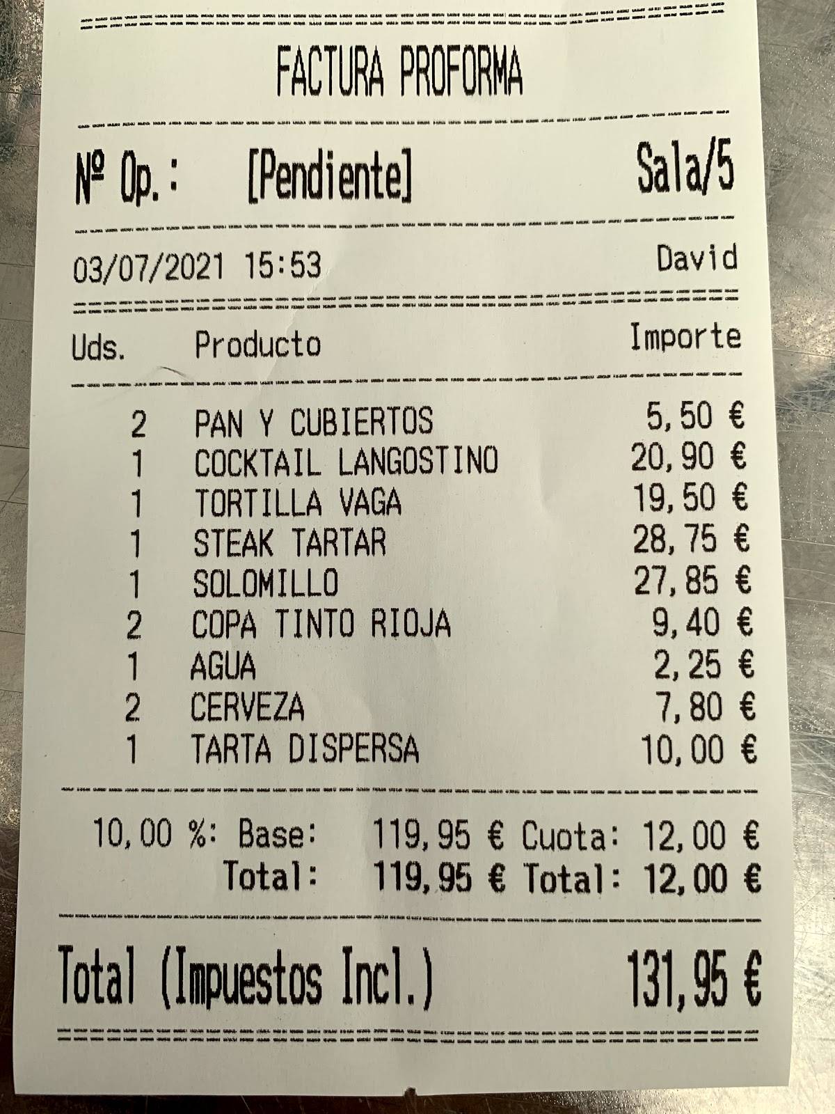 Menu at Sacha Restaurant, Madrid