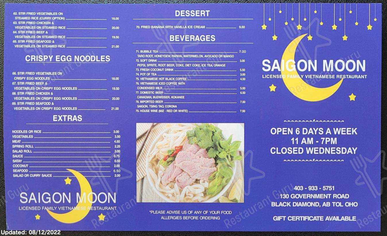 Menu at Saigon Moon restaurant, Black Diamond