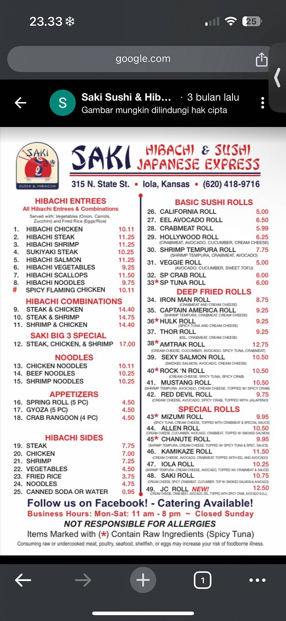 Menu at Saki Sushi & Hibachi restaurant, Iola