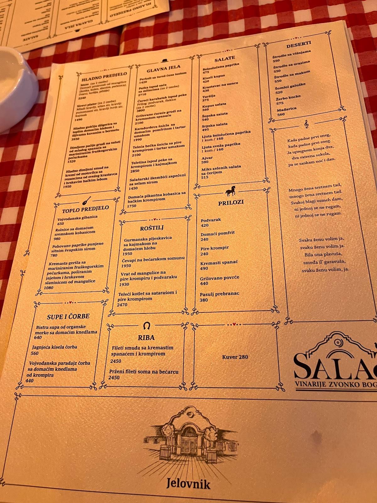 Menu at Salaš Vinarije Zvonko Bogdan Beograd restaurant, Belgrade