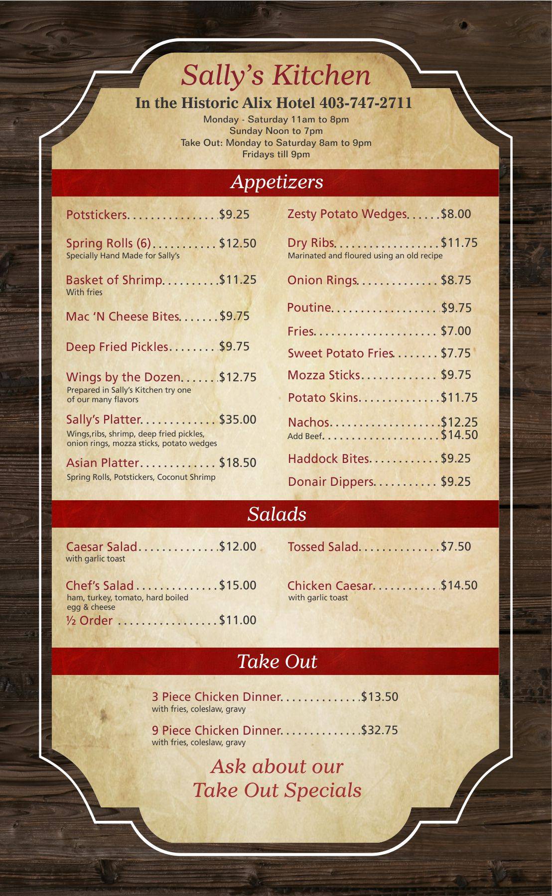 Menu at Sally's Kitchen restaurant, Alix