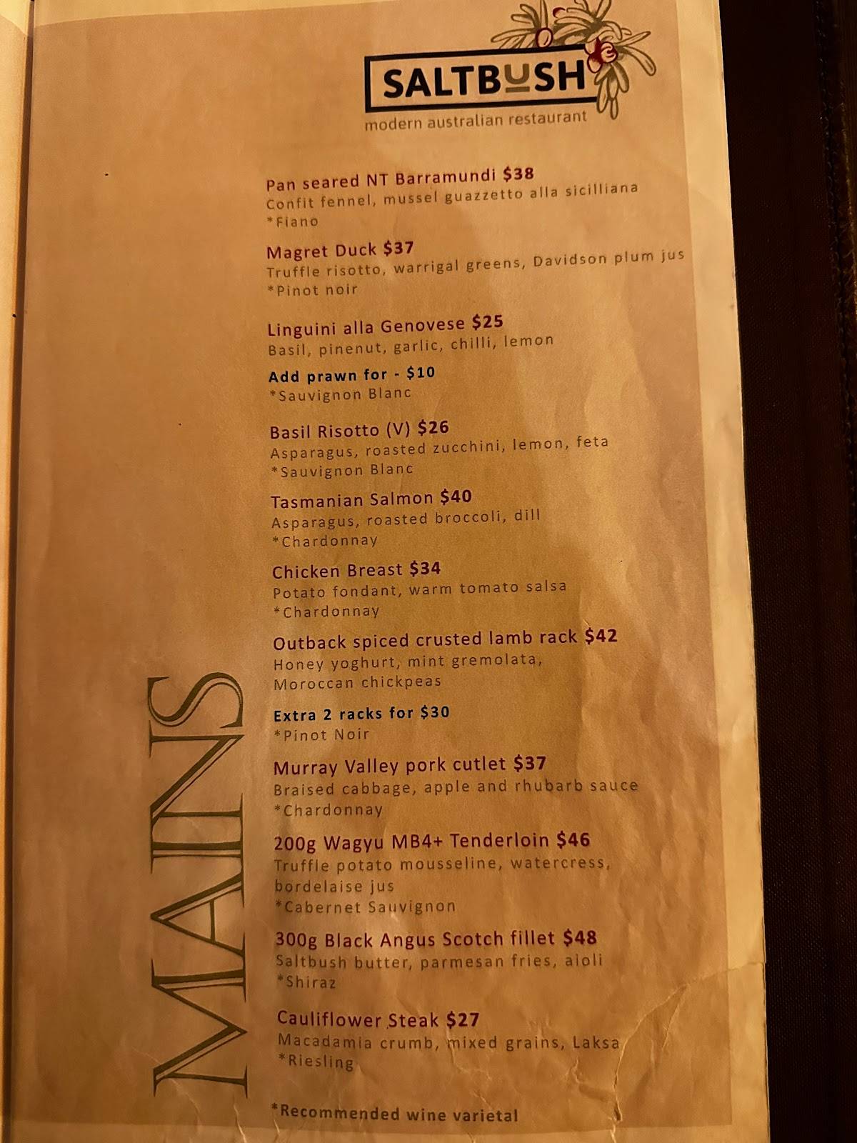 Menu at Saltbush restaurant, Desert Springs