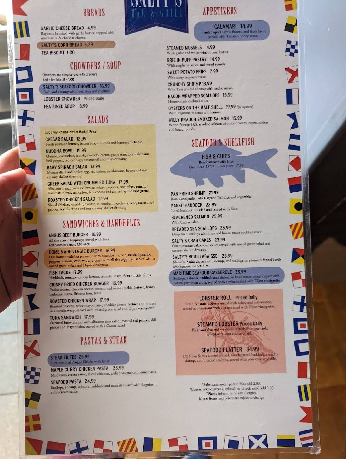 Menu at Salty's restaurant, Halifax
