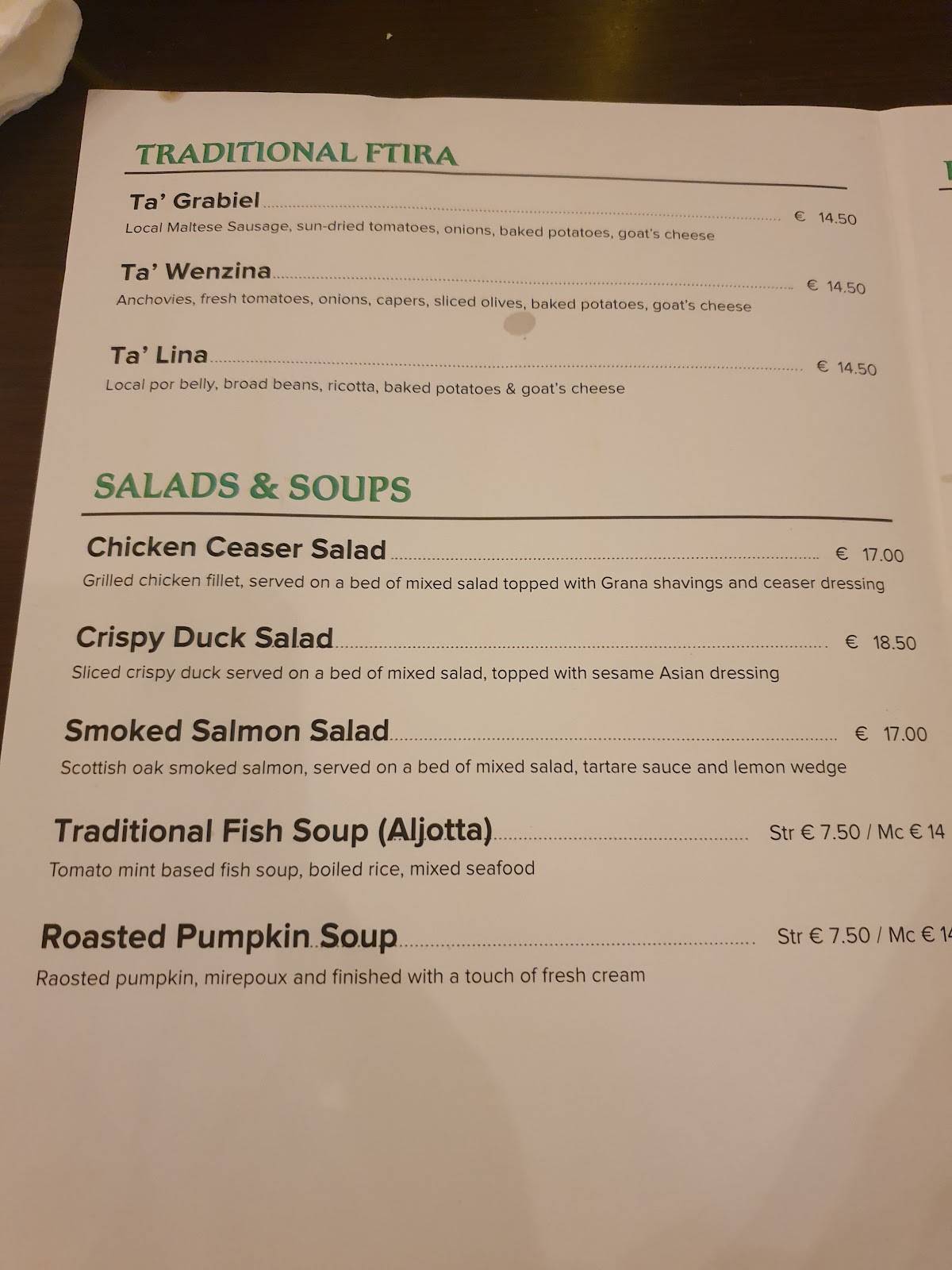 Menu at San Remo restaurant, Mosta