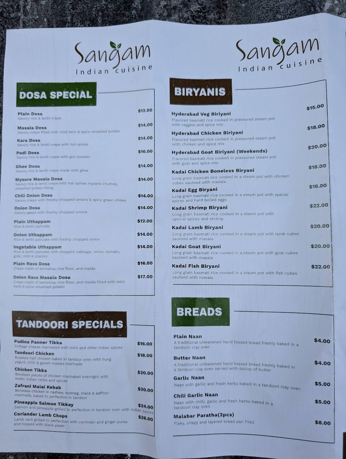Menu at Sangam Indian Cuisine restaurant, Cockeysville