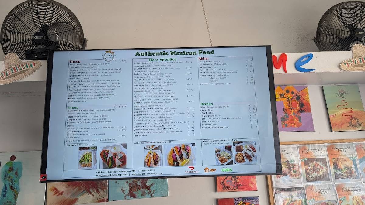 Menu at Sargent Taco Shop restaurant, Winnipeg
