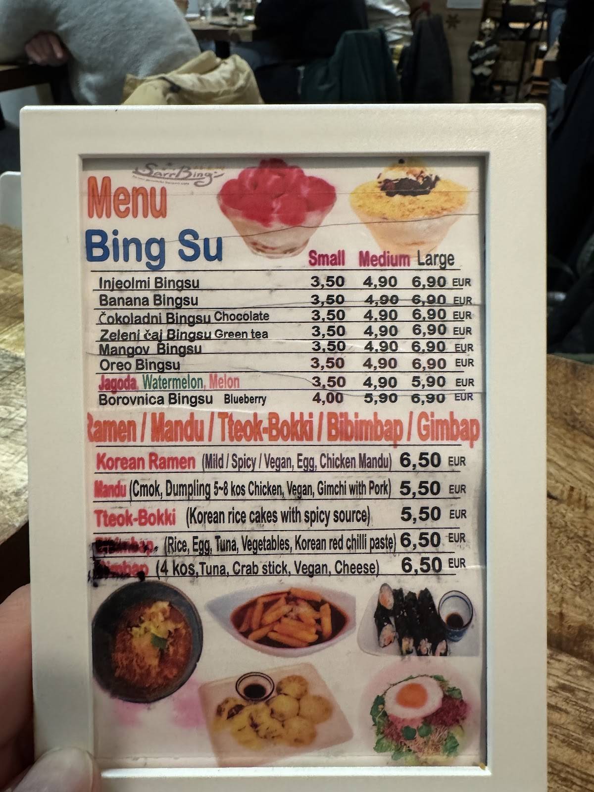 Menu at Sarrbing (Korean Bingsu) restaurant, Ljubljana