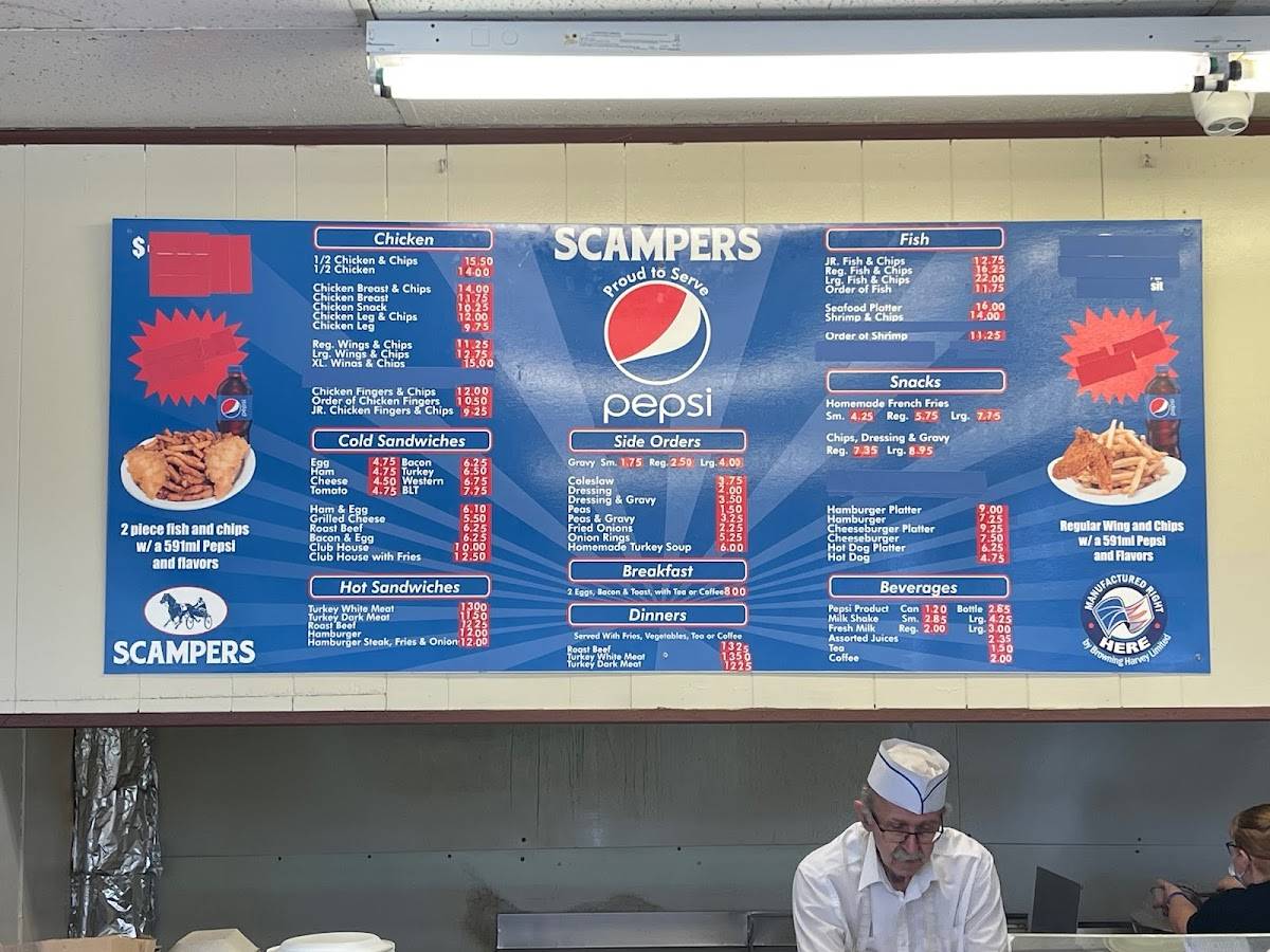 Menu at Scamper's Snack Bar, St. John's